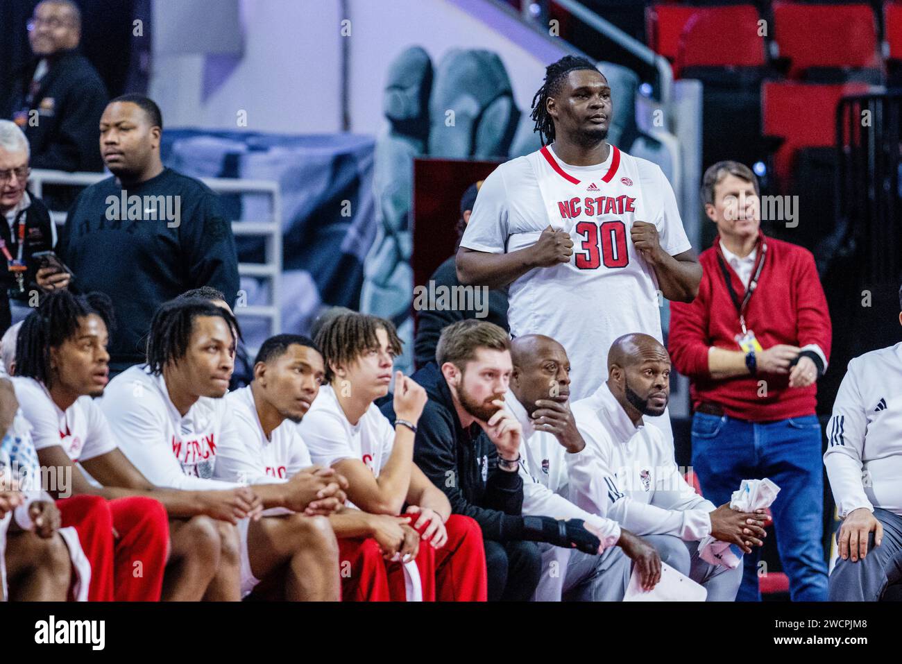 January 16, 2024: NC State Wolfpack forward DJ Burns Jr. (30) watches ...