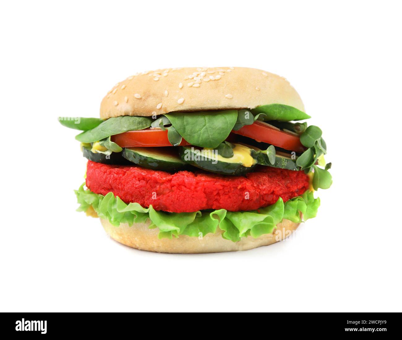 Tasty vegan burger with vegetables, patty and microgreens on white ...