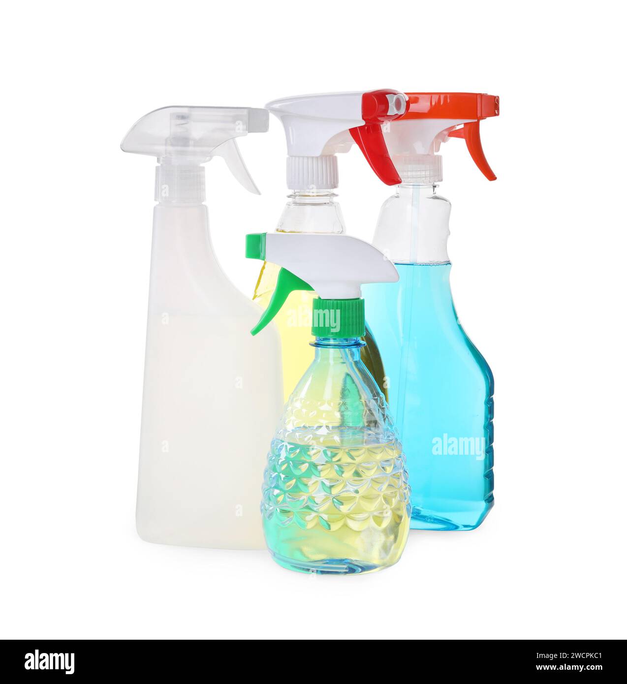 Plastic spray bottles with liquid isolated on white Stock Photo - Alamy