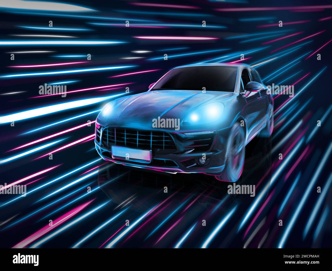 Black modern car and speed light trails, motion blur effect Stock Photo ...