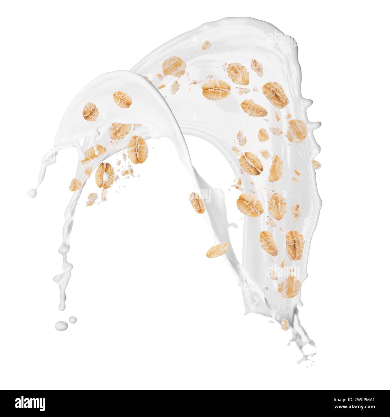 Rolled oats and milk splash isolated on white Stock Photo - Alamy