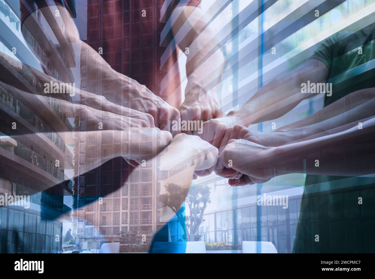 Partnership, cooperation, collaboration. Double exposure of buildings ...