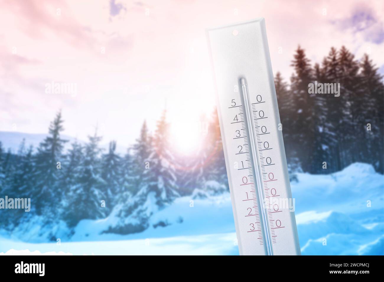 Thermometer showing temperature below zero outdoors on winter day Stock ...