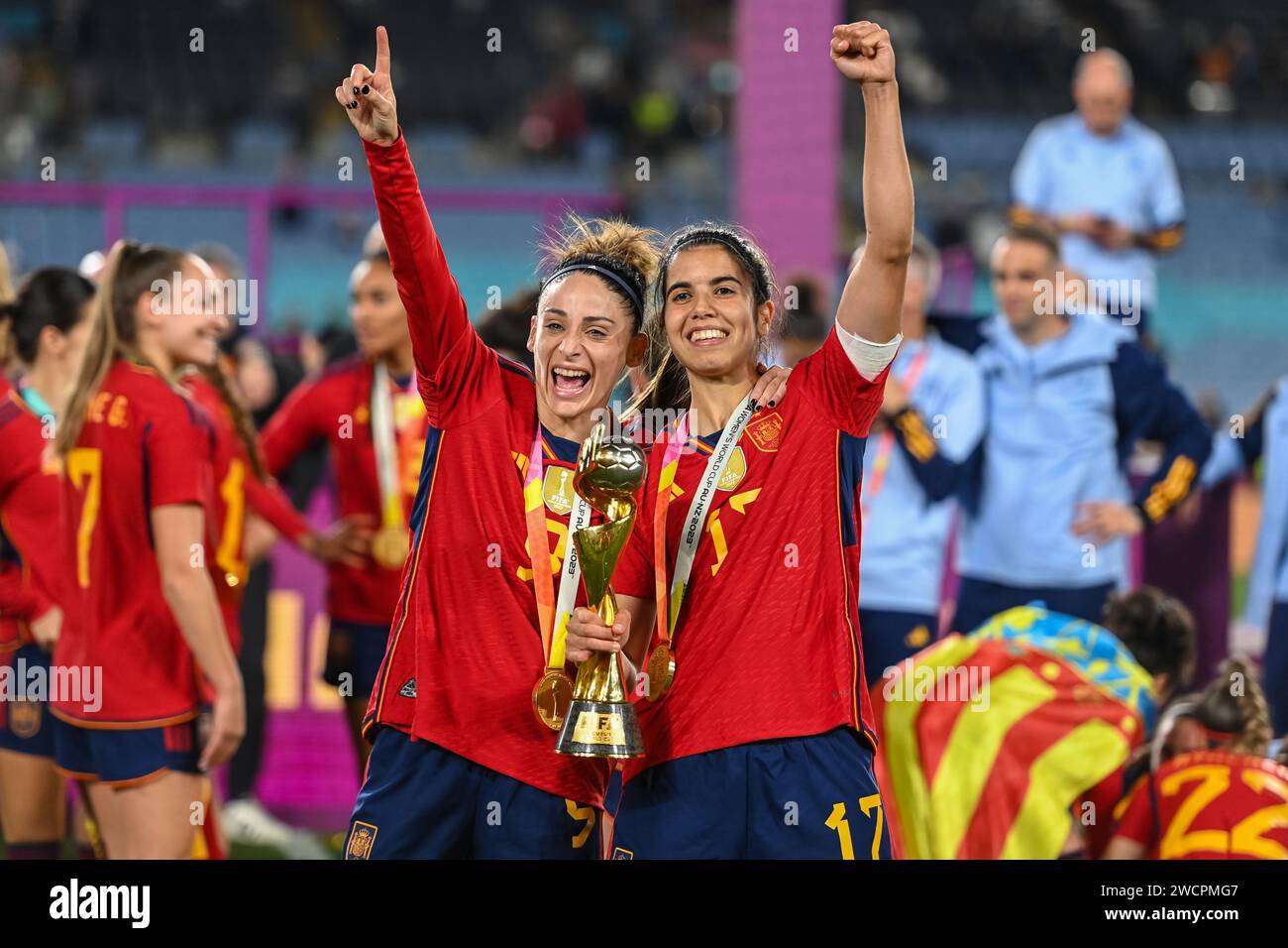 Esther Gonzalez and Alba Redondo hold trophy and celebrate at the ...
