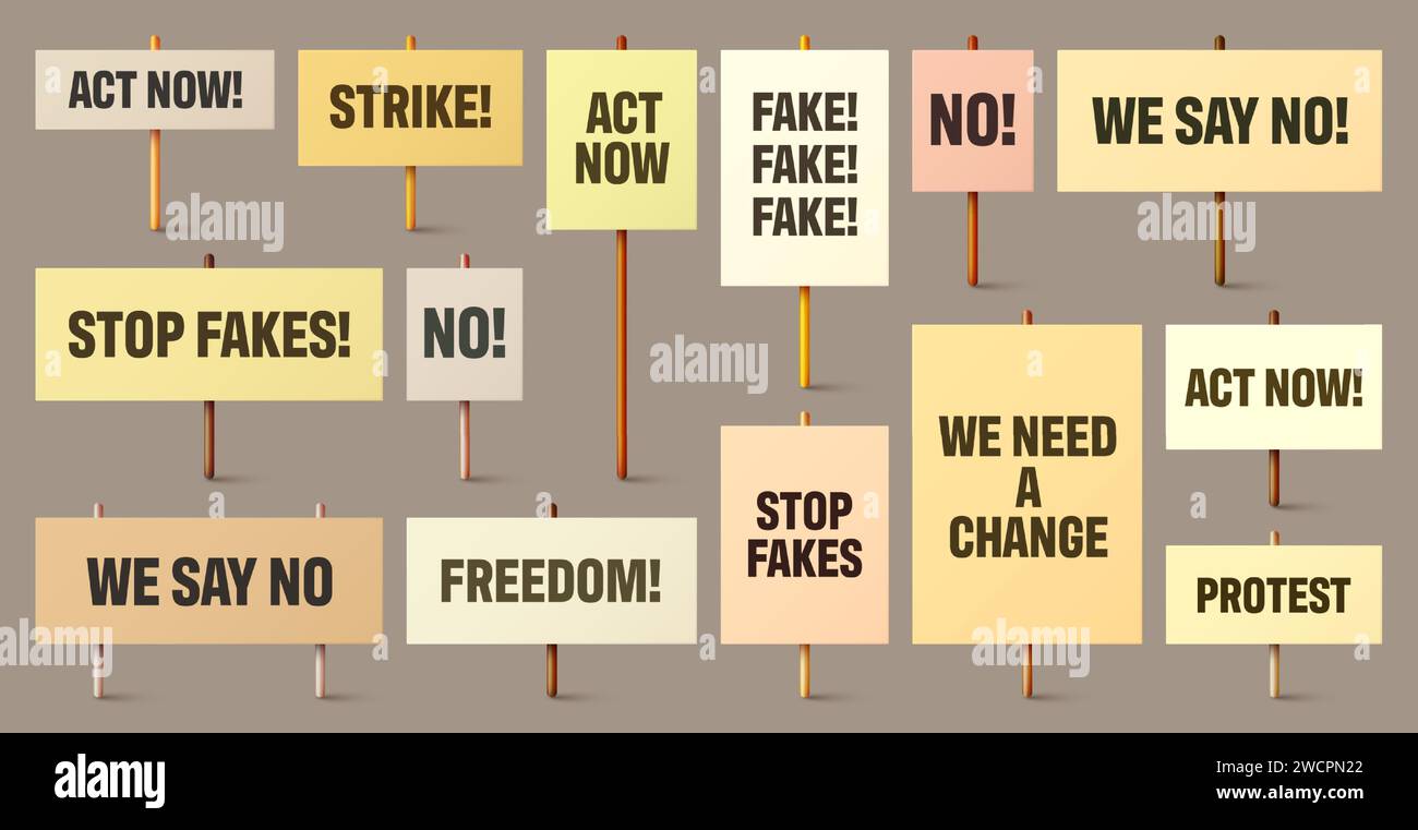 Colorful protest signs with slogan on wooden holder. Realistic vector ...
