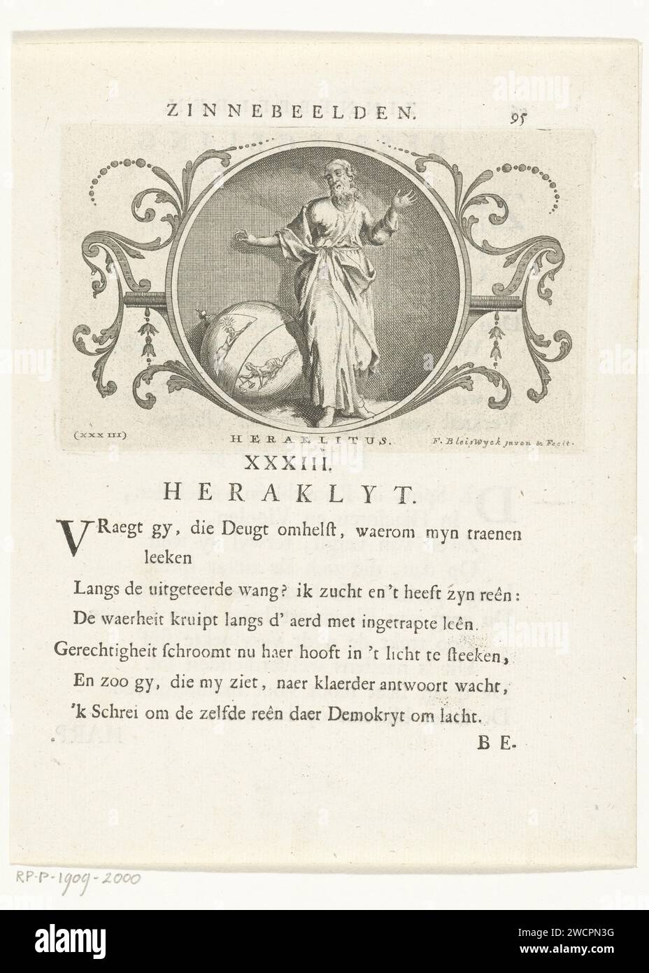 Emblem with philosopher Heraclitus, François Van Bleyswijck, 1737 print ...