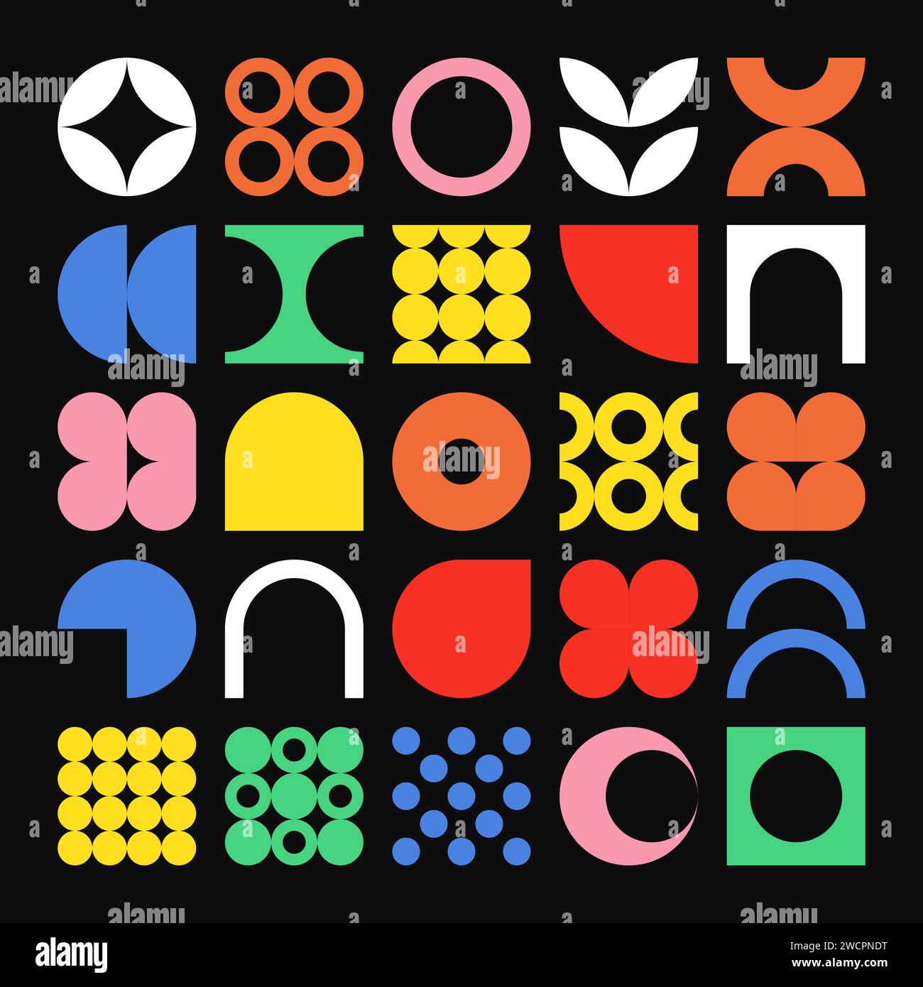 Brutalist geometric shapes, colorful symbols. Simple primitive elements and forms. Bauhaus retro ...