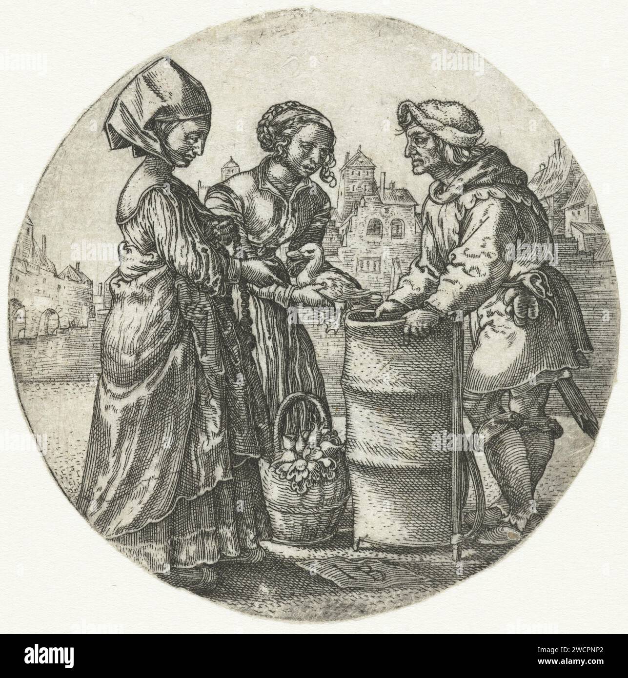 Bird seller, monogrammist IB (16th century), 1525 - 1530 print A woman ...