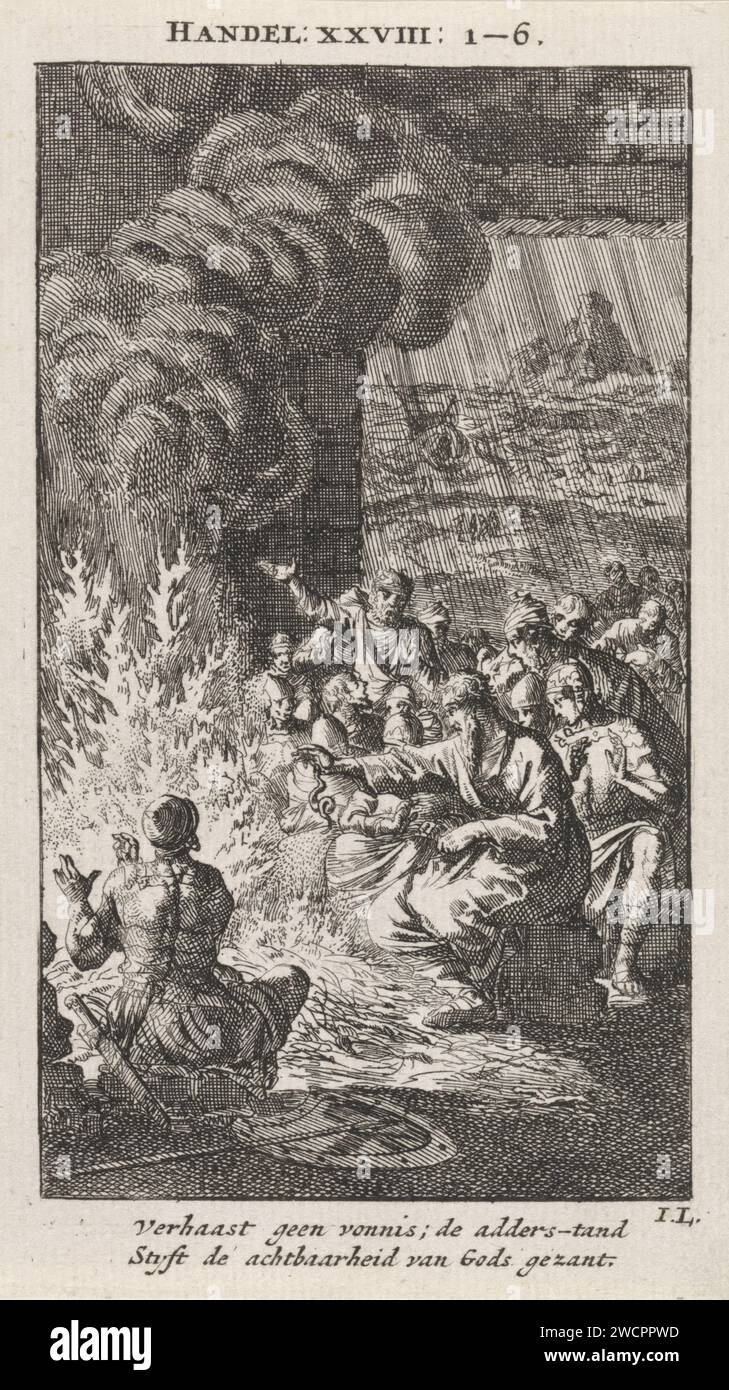 Paulus is bitten by an Adder, Jan Luyken, 1712 print Amsterdam paper ...