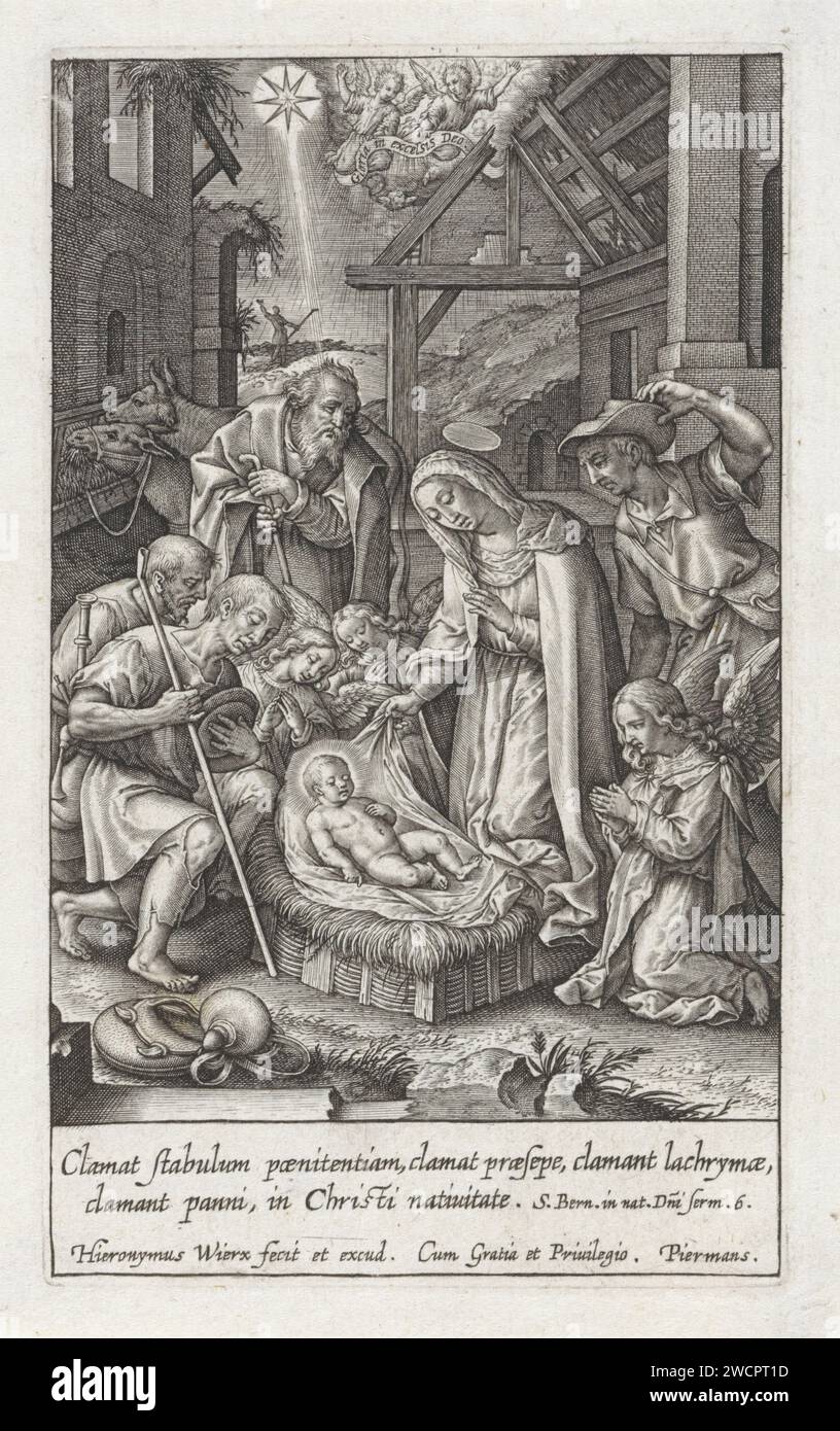 Adoration by the Shepherds and Engelen, Hieronymus Wierix, 1563 - Before 1619 print Maria shows ...