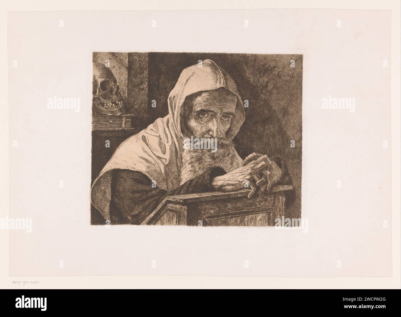 Old man with beard and hood is sitting with folded hands on a pipeline ...