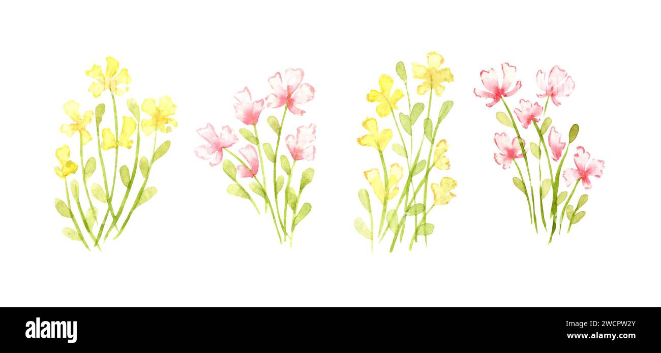 Watercolor illustration of green grass with delicate yellow and red ...