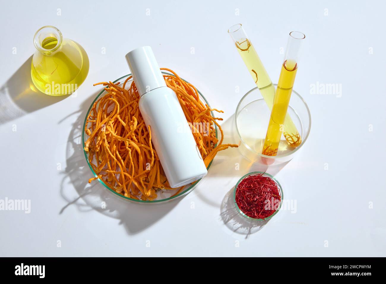 Liquid extracted from Cordyceps and Saffron filled inside test tubes ...
