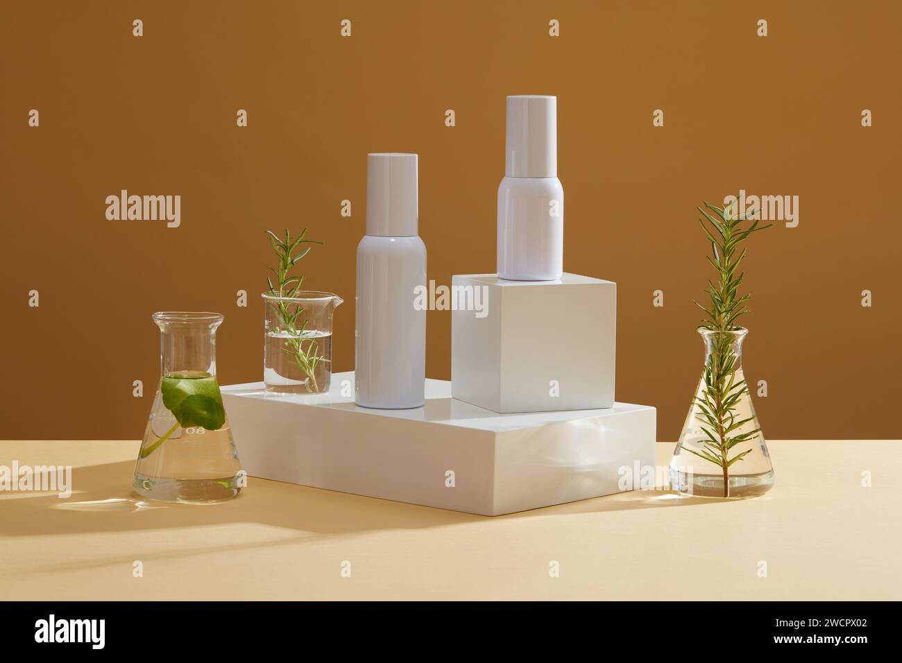 Two bottle without label standing on the podiums. A beaker and flask ...