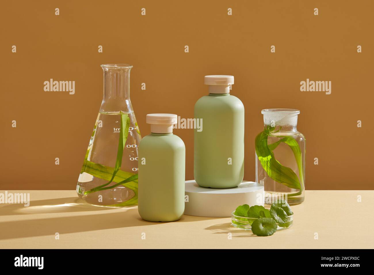 Cosmetic bottles in pastel color arranged with transparent jar and ...