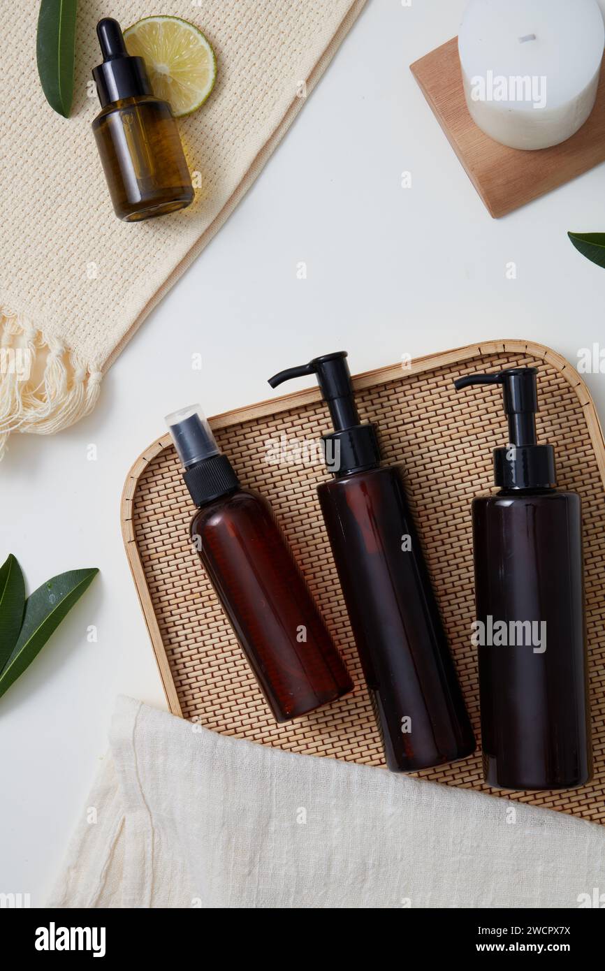 Natural skin care concept with several blank label bottles displayed on ...