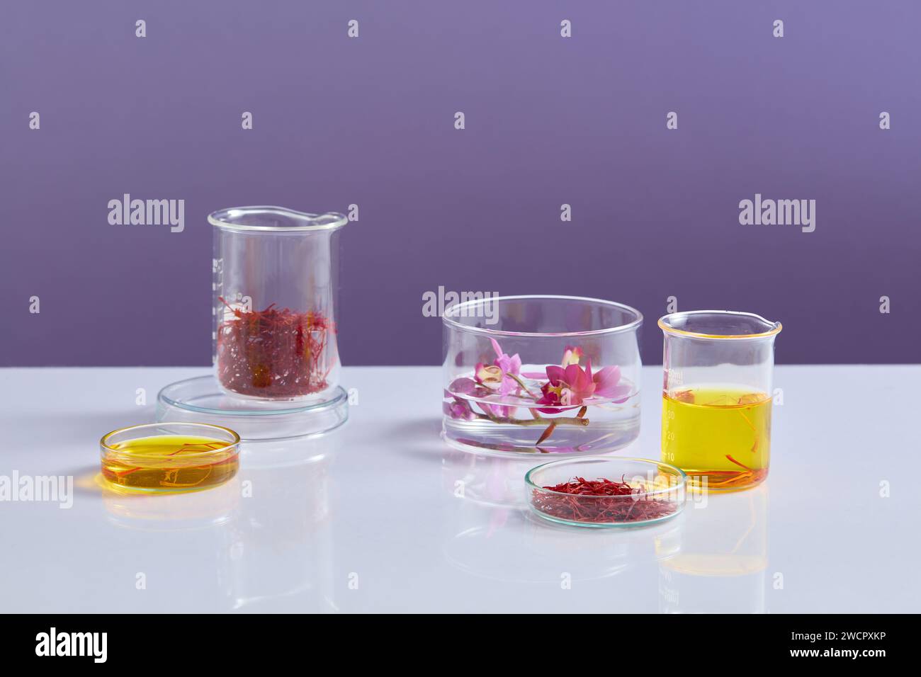 Purple flowers, saffron and yellow liquid contained inside some ...
