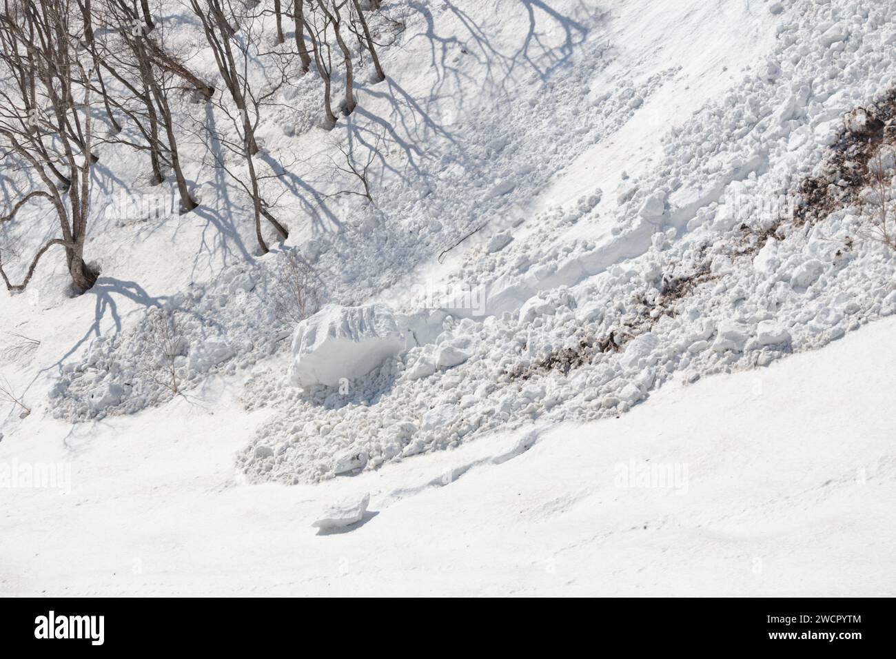 Large boulder of snow at bottom of avalanche, Hokkaido, Japan Stock ...