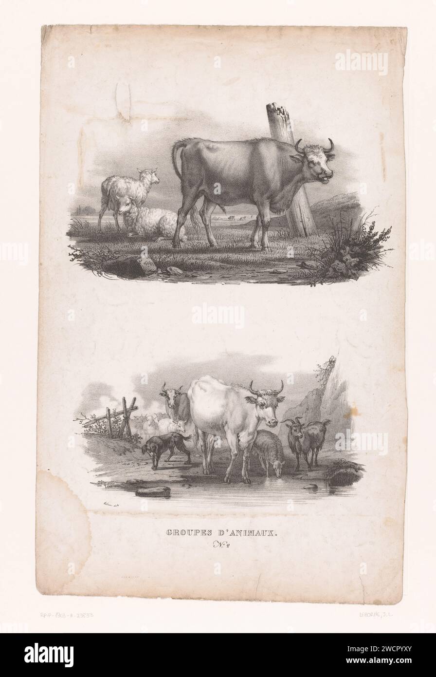 Taurus with two sheep and cattle at a drinking place, Joseph Louis ...