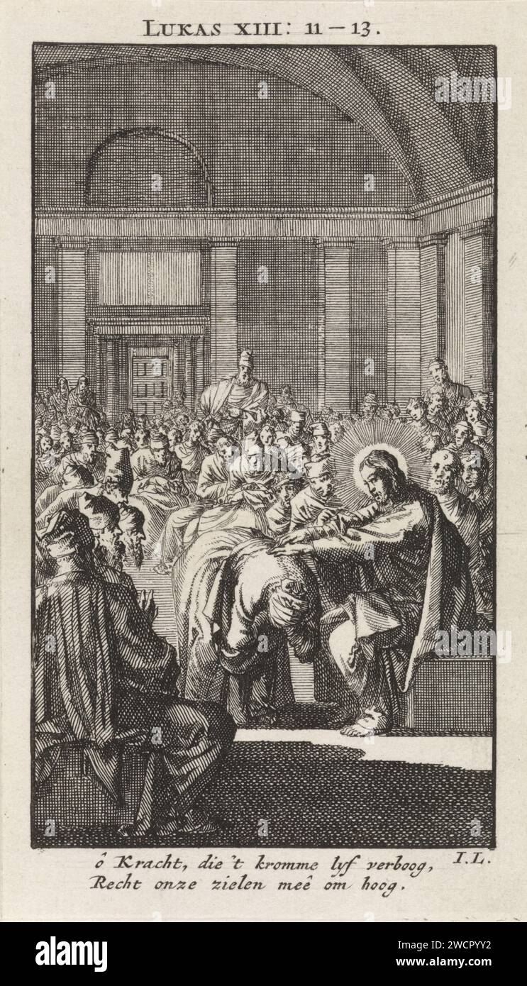 Christ lays his hand on the crooked wife, Jan Luyken, 1712 print ...