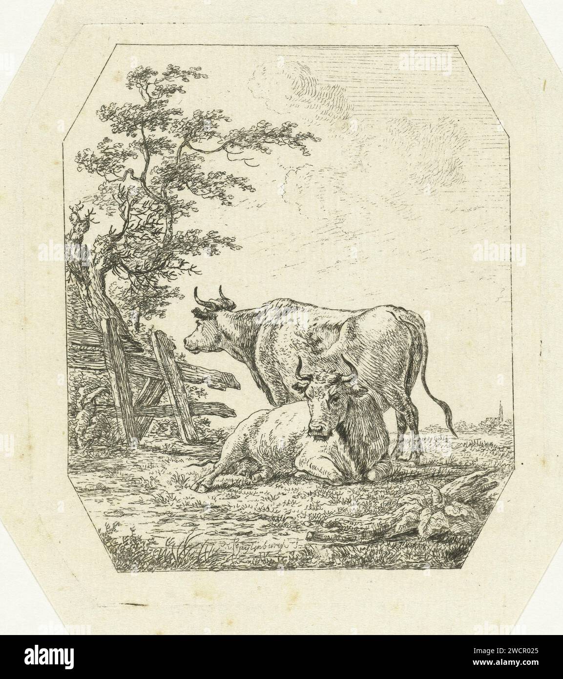 Two cows near a fence, Johannes van Cuylenburgh, 1803 - 1841 print ...