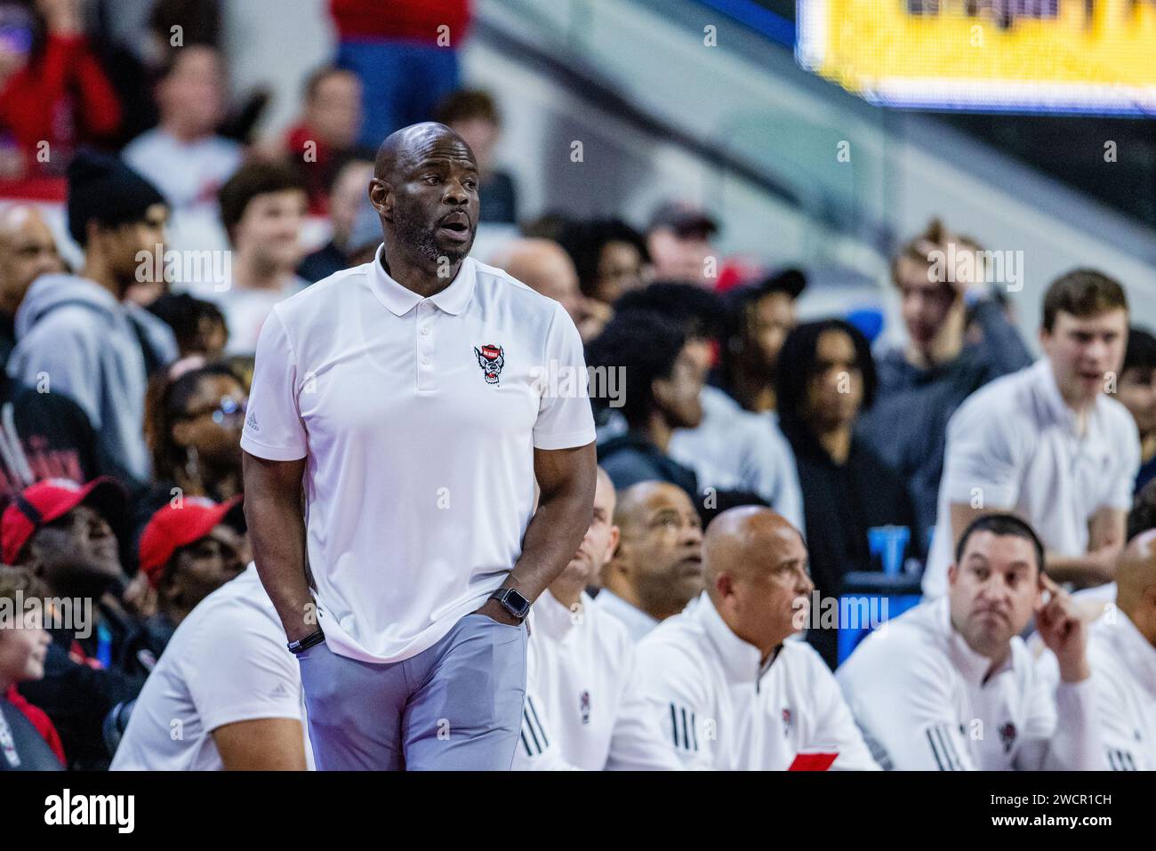 Raleigh, NC, USA. 16th Jan, 2024. Assistant Coach Kareem Richardson takes control during the ...
