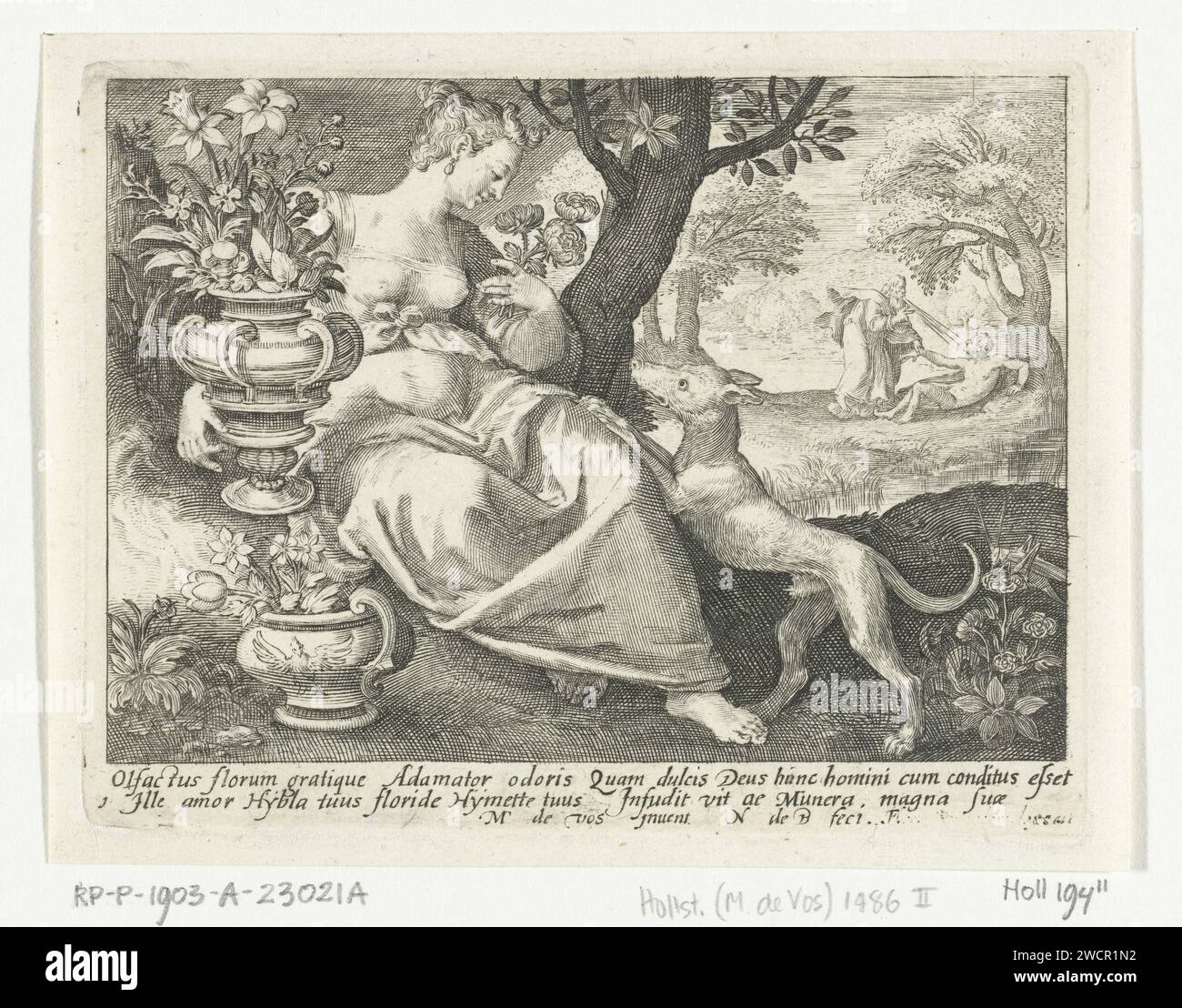 Sense smell, Nicolaes de Bruyn, After Maerten de Vos, 1581 - 1656 print Woman as a ...