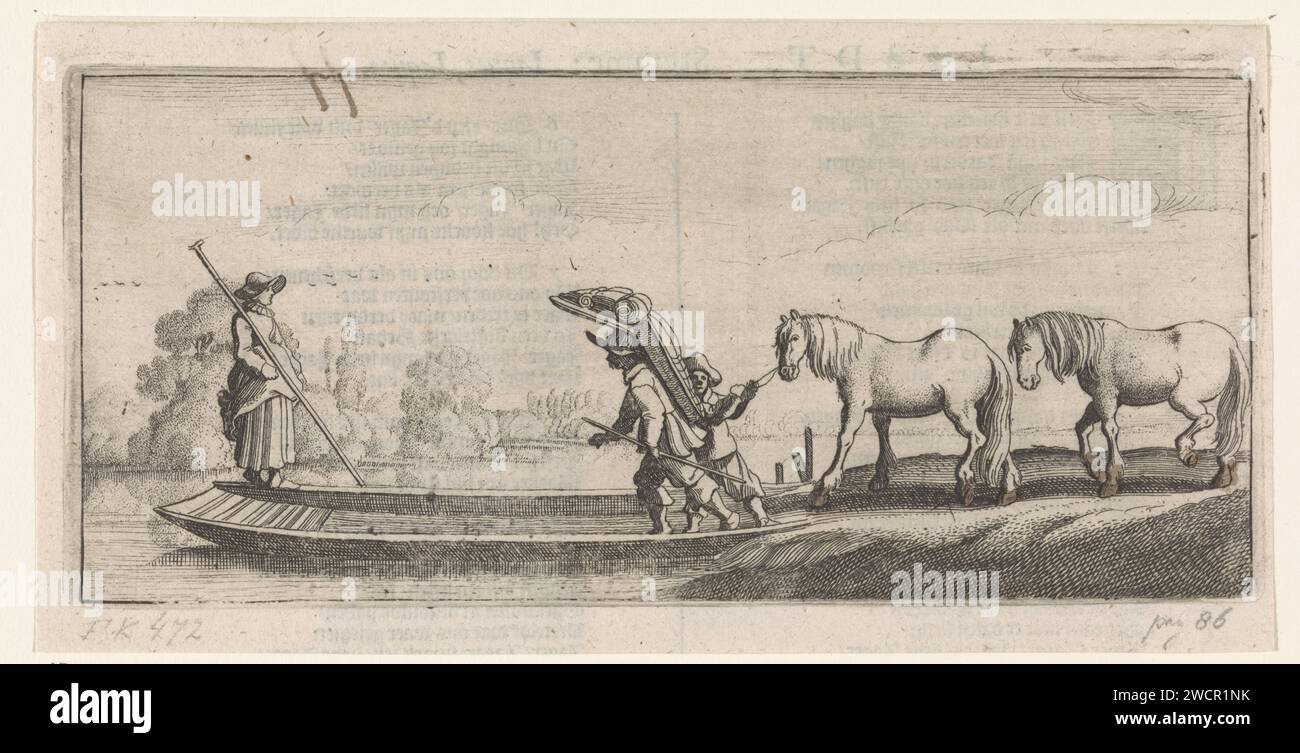 Marskramer and two horses on a ferry, Jan van de Velde (II), 1627 print ...