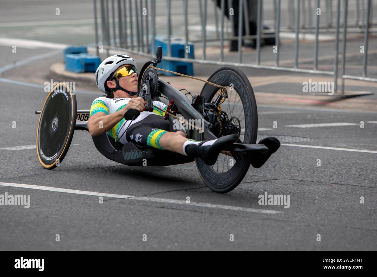 A Para Cyclist riding a handcycle races along Pulteney Street during ...