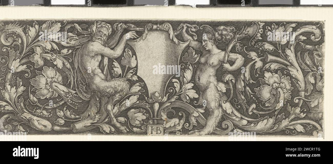 Frisian with a shield worn by a male and a female satyr, Jacob Binck ...