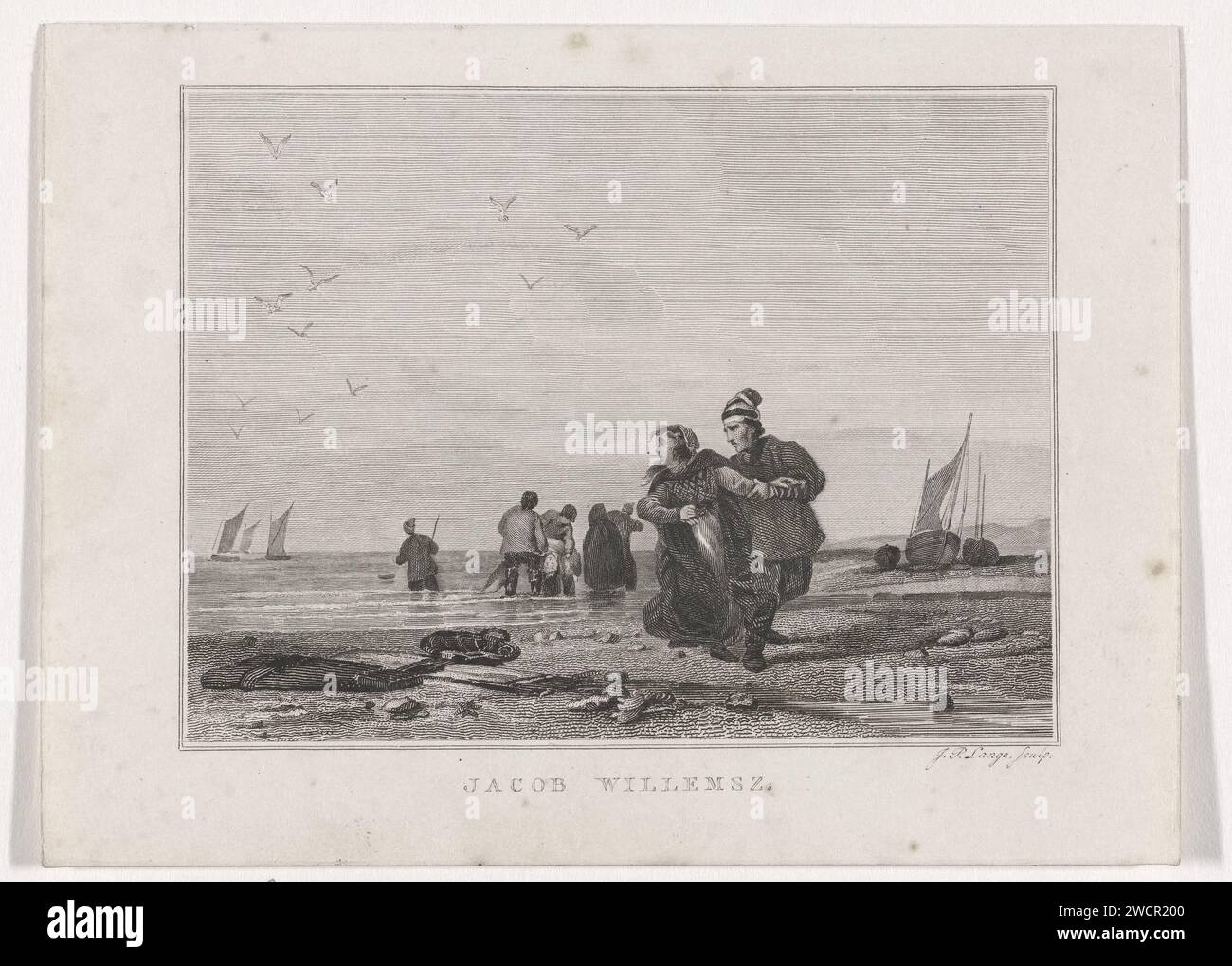 Figures wear a drowning man, Johannes Philippus Lange, 1838 print ...