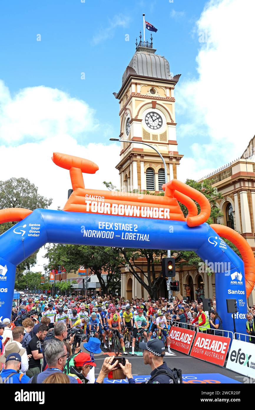 Riders preparing to depart the Norwood start line on stage 2 of the ...