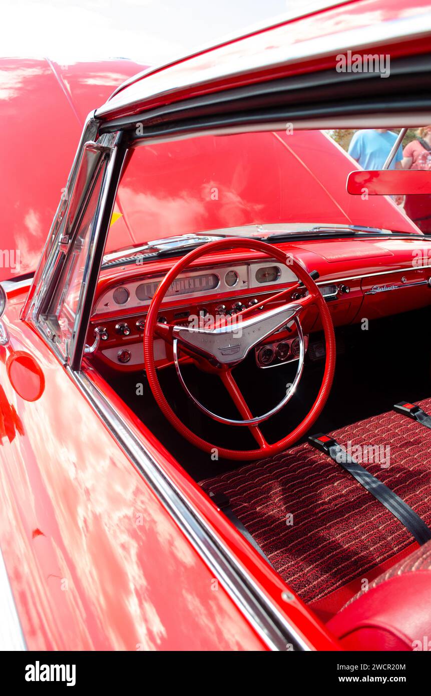 Antique Red Dashboard and Wheel of Red Car Stock Photo - Alamy