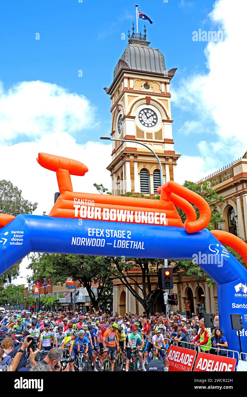Riders preparing to depart the Norwood start line on stage 2 of the ...