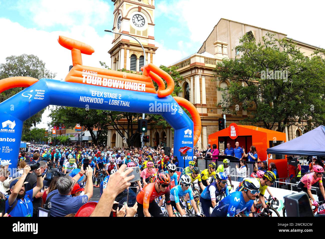Riders departing the Norwood start line on stage 2 of the 2024 Tour ...