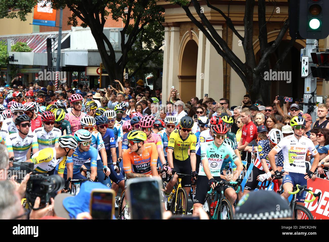 Riders preparing to depart the Norwood start line on stage 2 of the ...