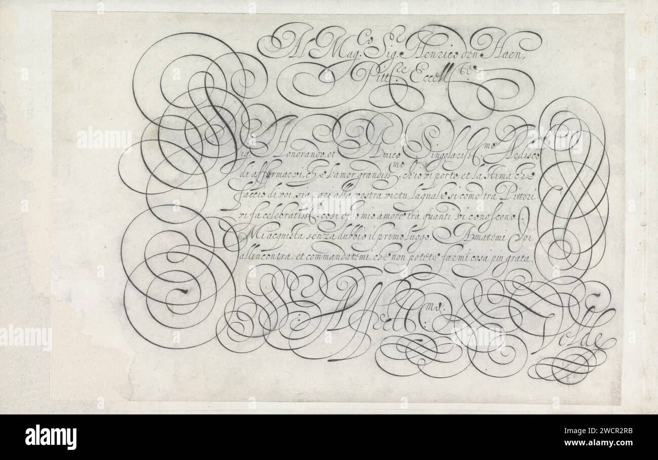 Design of a writing example: Al may. Sig. Henrico den Haen (...), 1605 ...