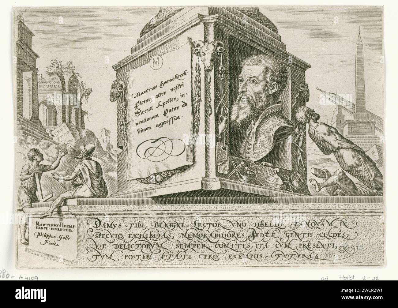 Portrait of Maarten van Heemskerck on the pedestal of a column, Philips ...