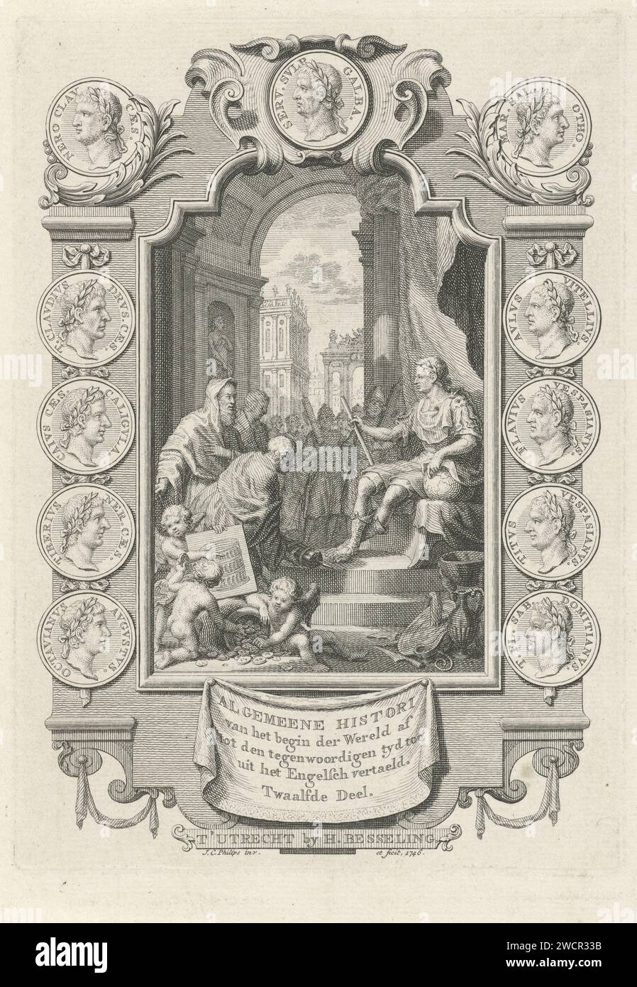 Allegory on Roman rule, Jan Caspar Philips, 1746 print A Roman emperor ...