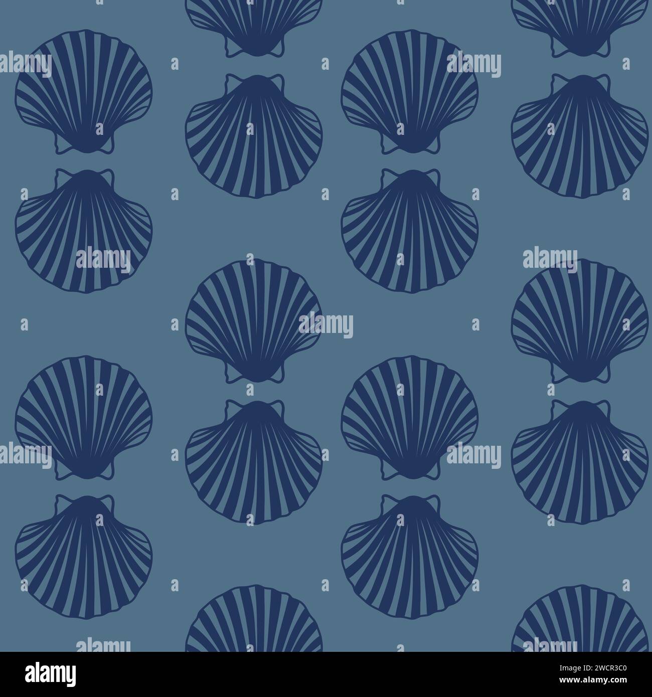 Hand drawn seamless pattern with blue sea ocean shells on navy ...