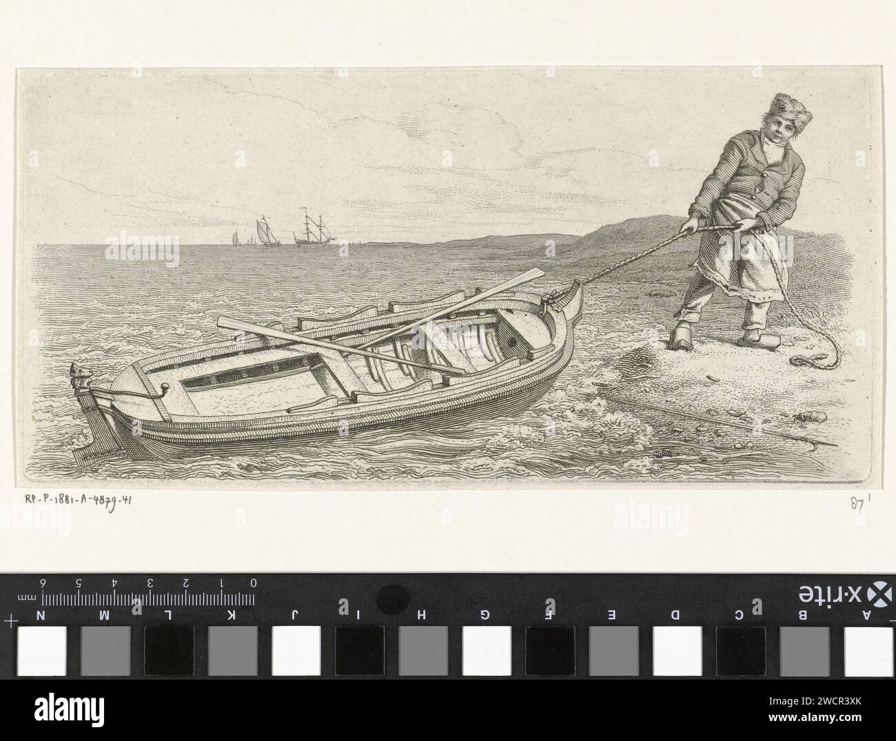 Man pulls his rowing boat ashore, Jacob Ernst Marcus, 1815 print ...
