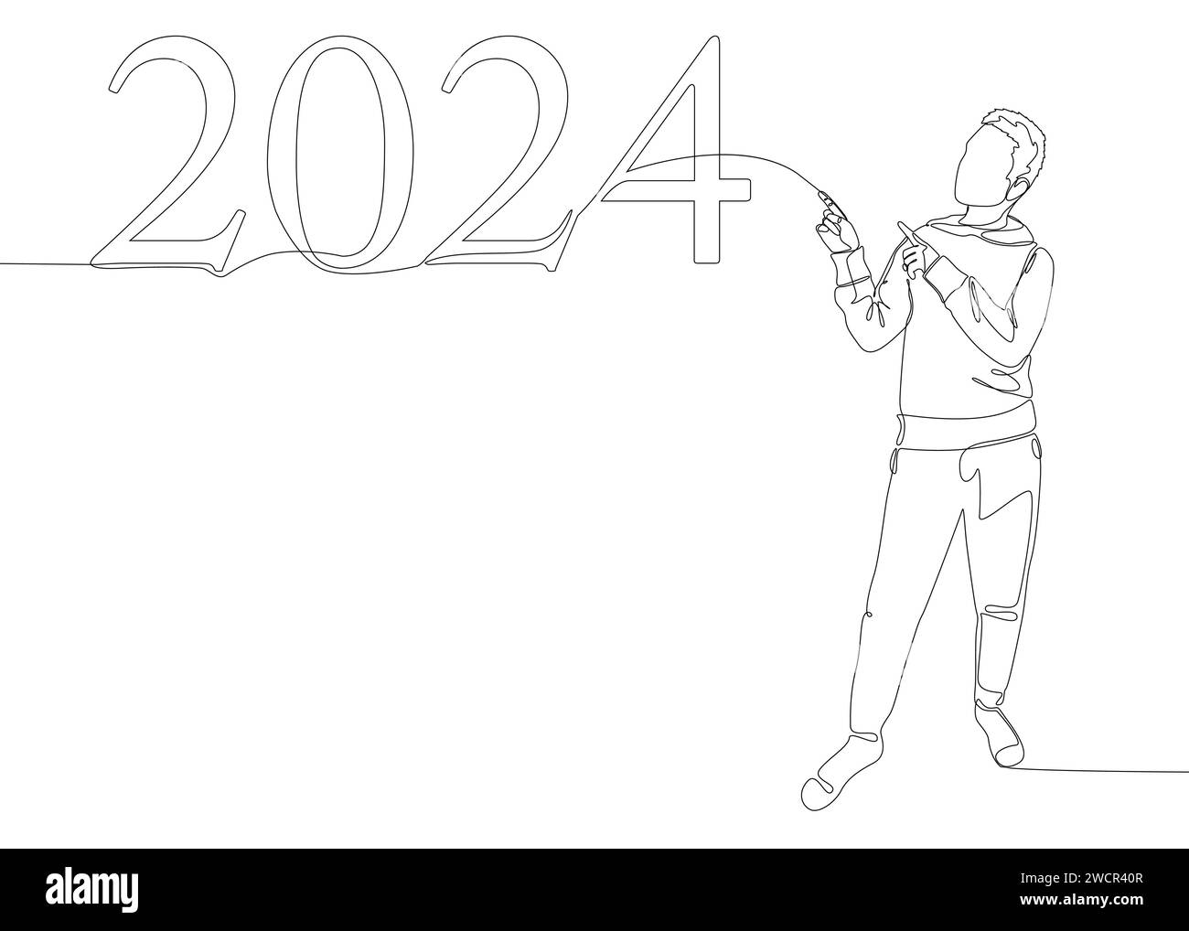 One continuous line of Man pointing with finger at number 2024. Thin ...