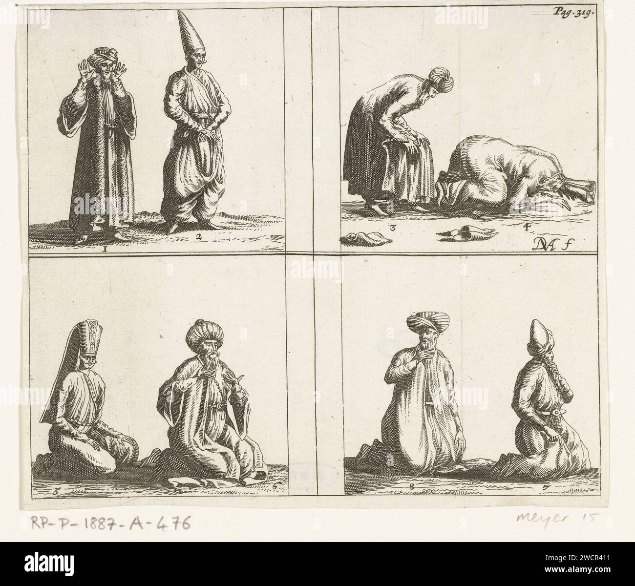 Muslims in various prayer postures, Johannes Jacobsz van den Aveele ...