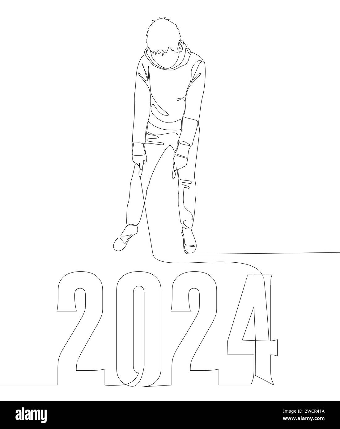 One continuous line of Man pointing with finger at number 2024. Thin ...