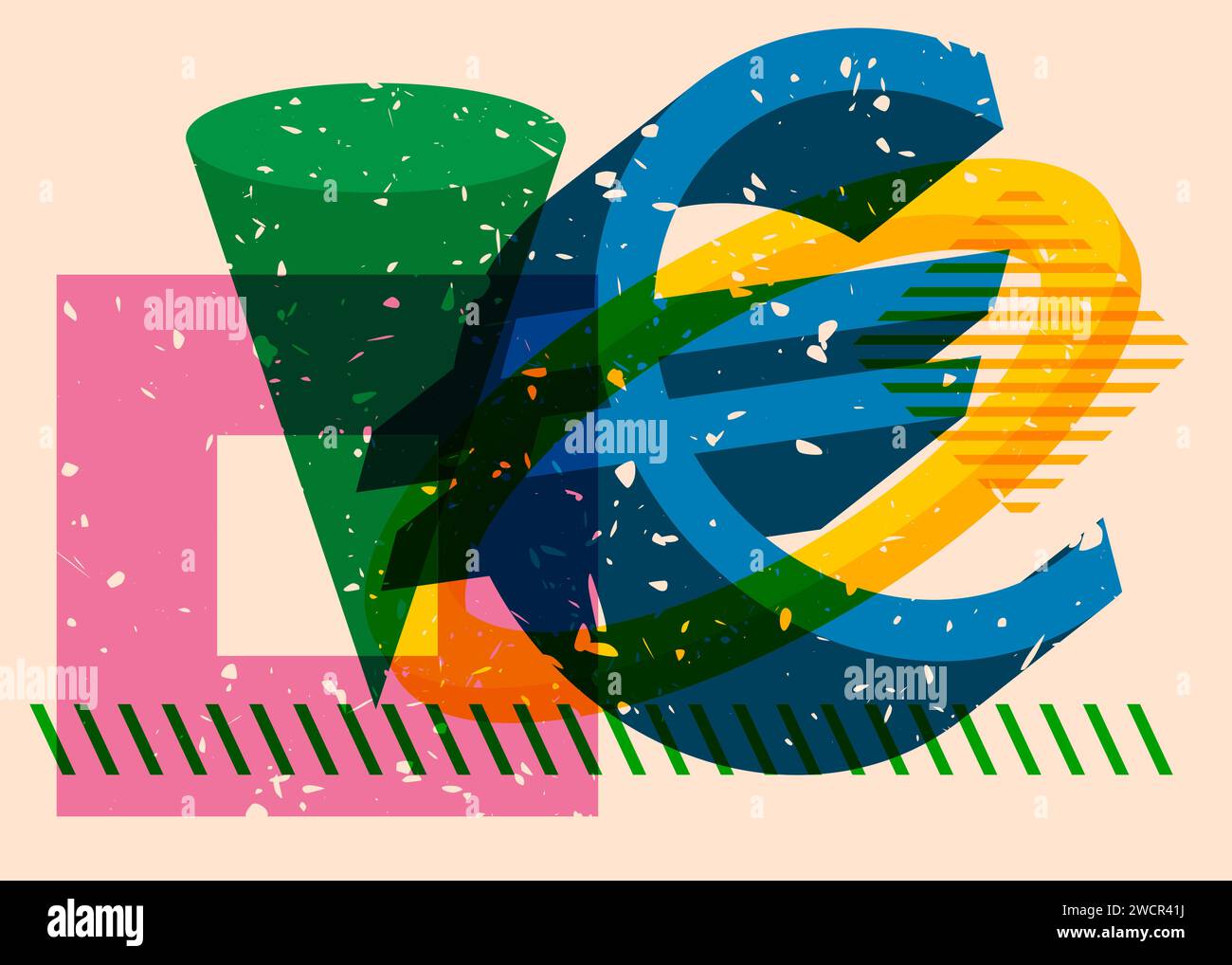 Risograph Euro sign, Currency Symbol with geometric shapes. Objects in ...