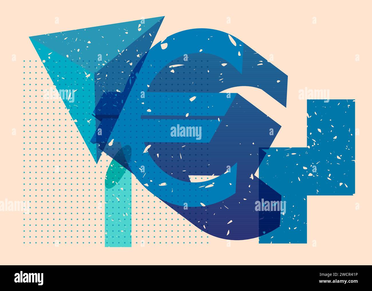 Risograph Euro sign, Currency Symbol with geometric shapes. Objects in ...