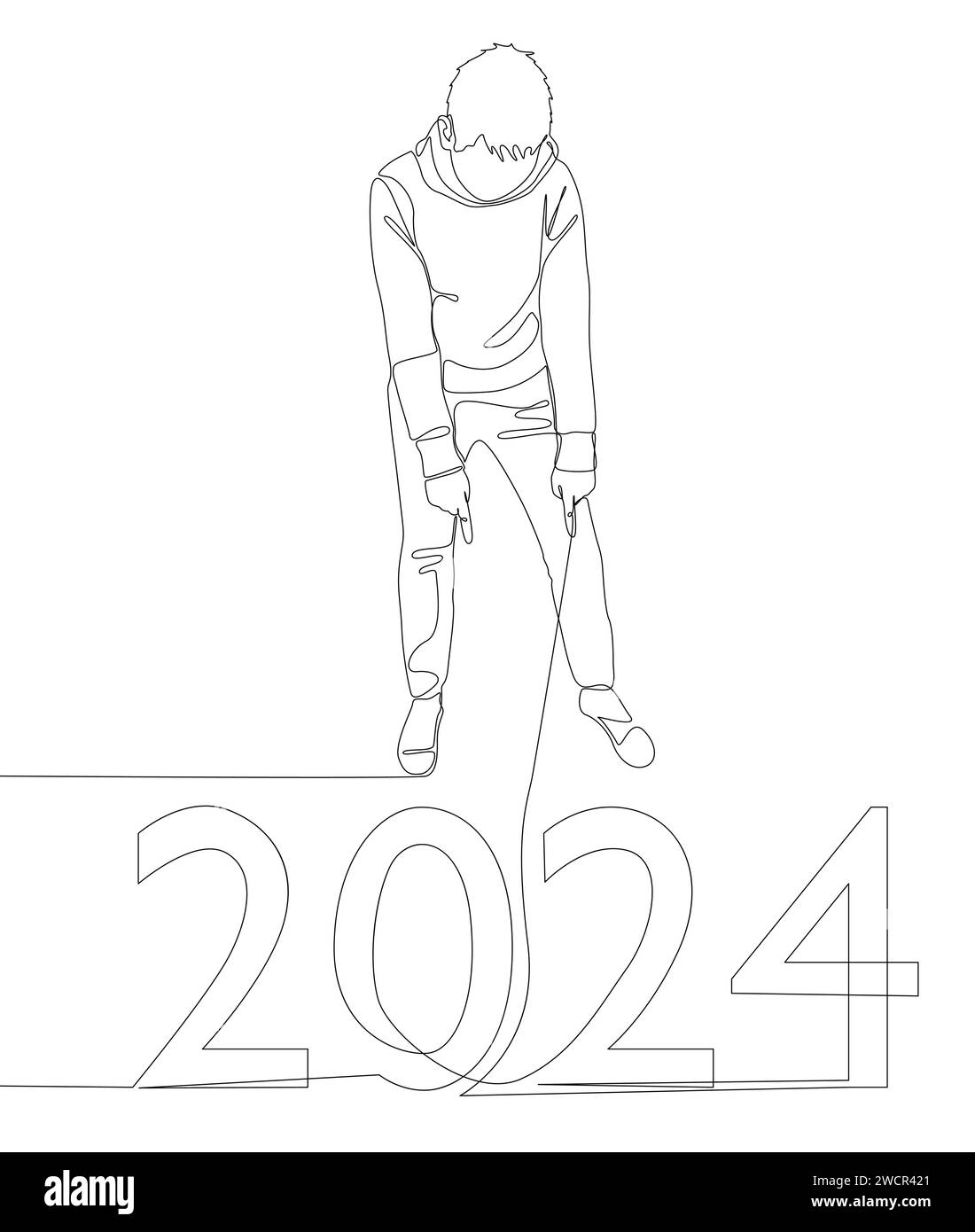 One continuous line of Man pointing with finger at number 2024. Thin ...