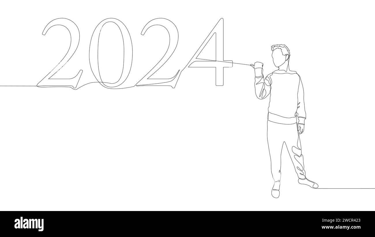 One continuous line of Man pointing with finger at number 2024. Thin ...