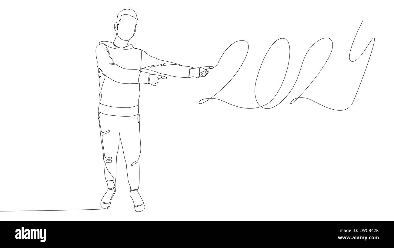 One continuous line of Man pointing with finger at number 2024. Thin ...