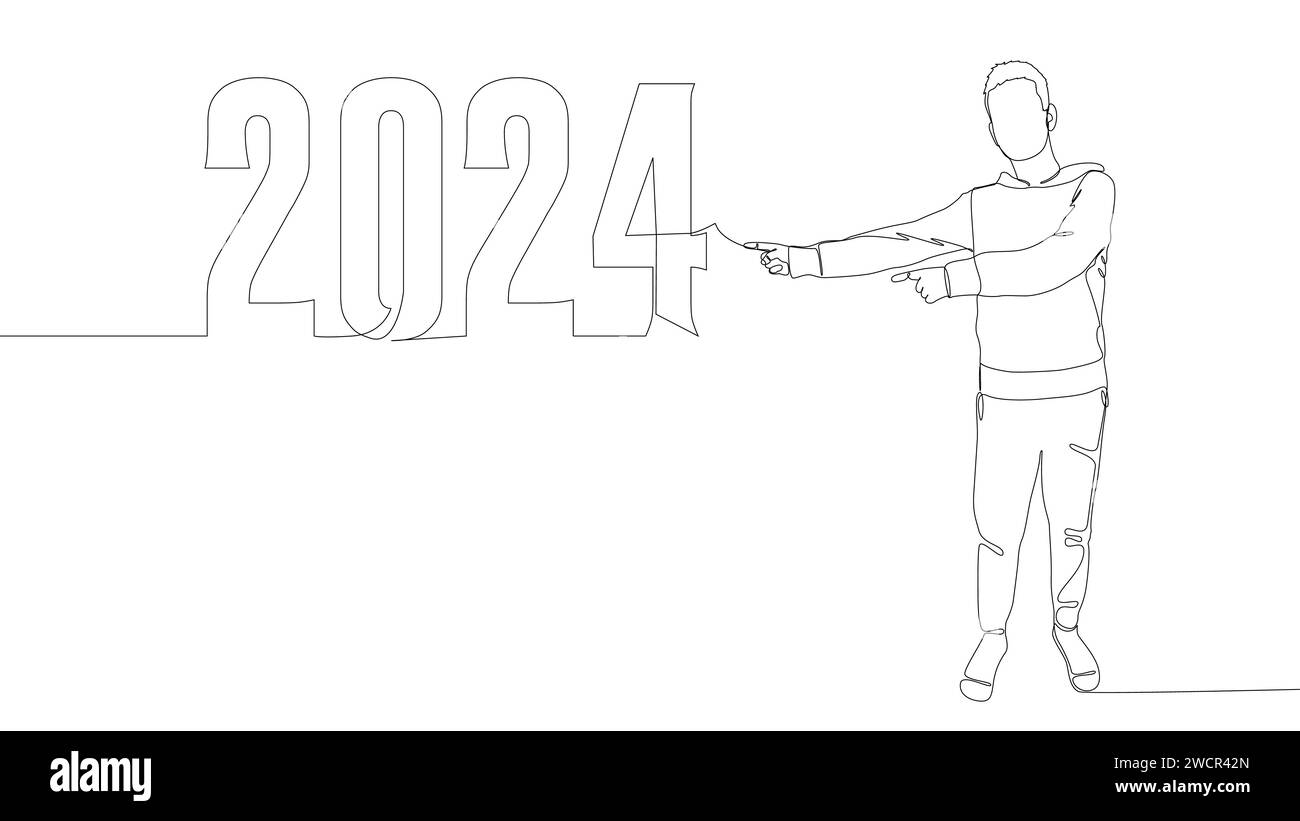 One continuous line of Man pointing with finger at number 2024. Thin ...